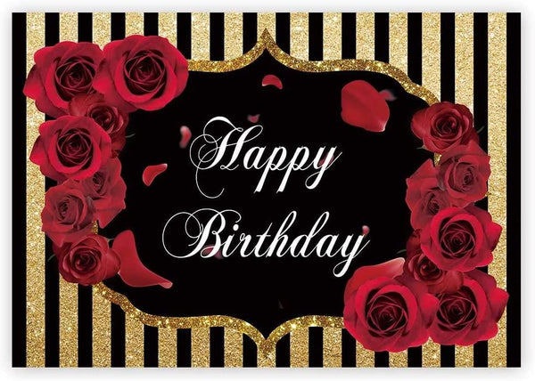 Floral Happy Birthday Party Backdrop Roses Flowers Black and God Strip ...