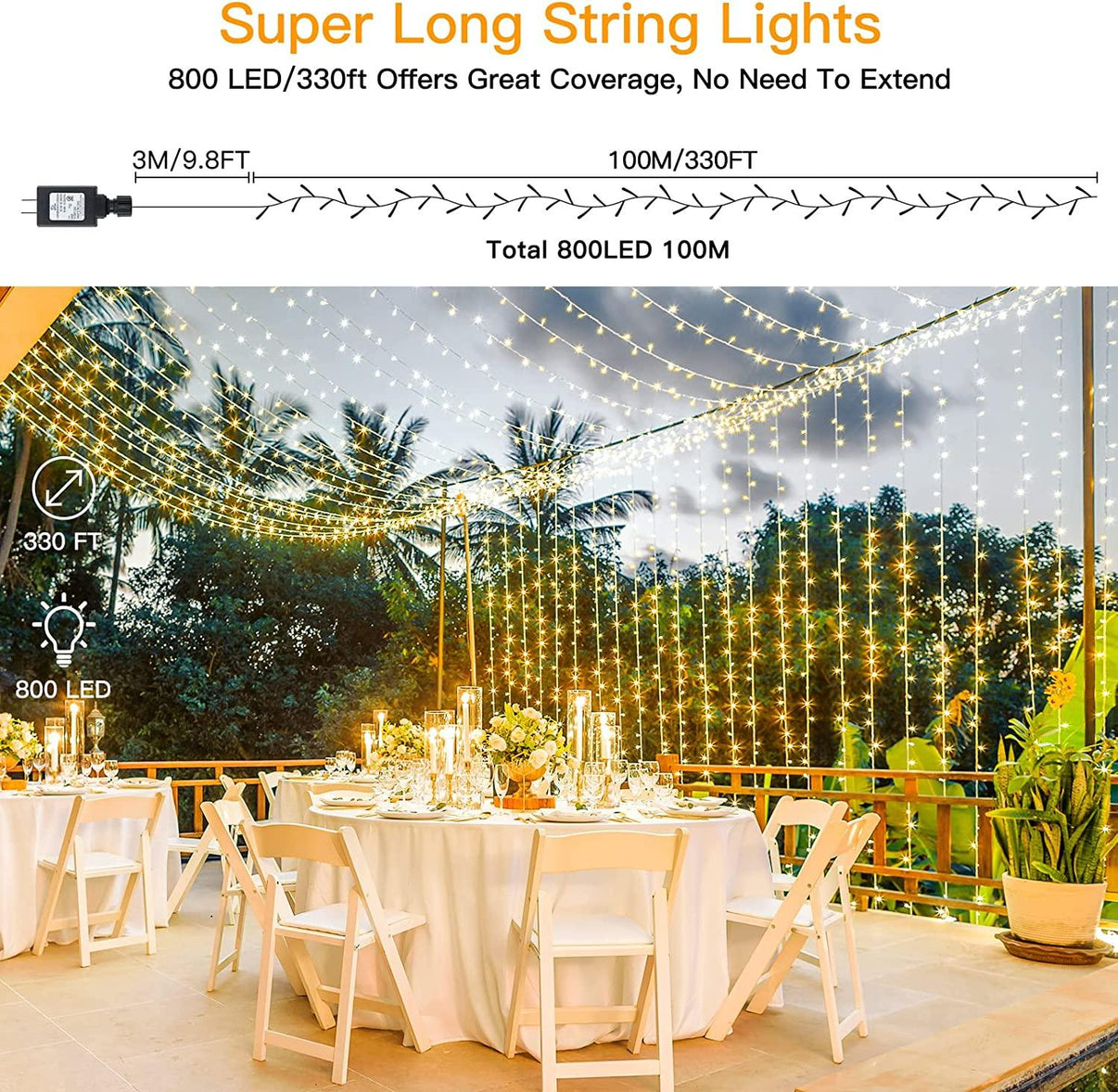 Outdoor String Lights 800LED/330FT Holiday Wedding Party Decorations ...