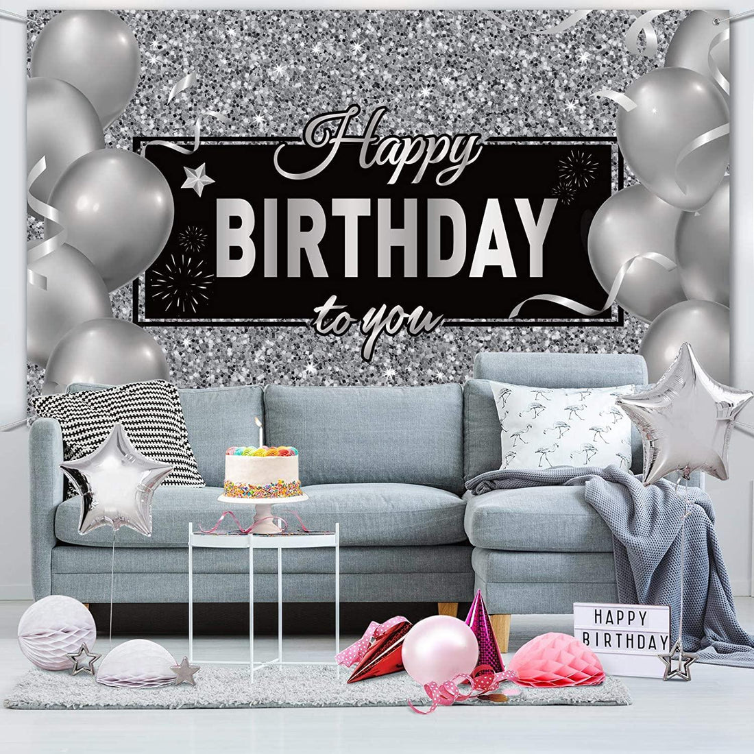 Silver Happy Birthday Banner Backdrop Silver Birthday Party Decoration ...
